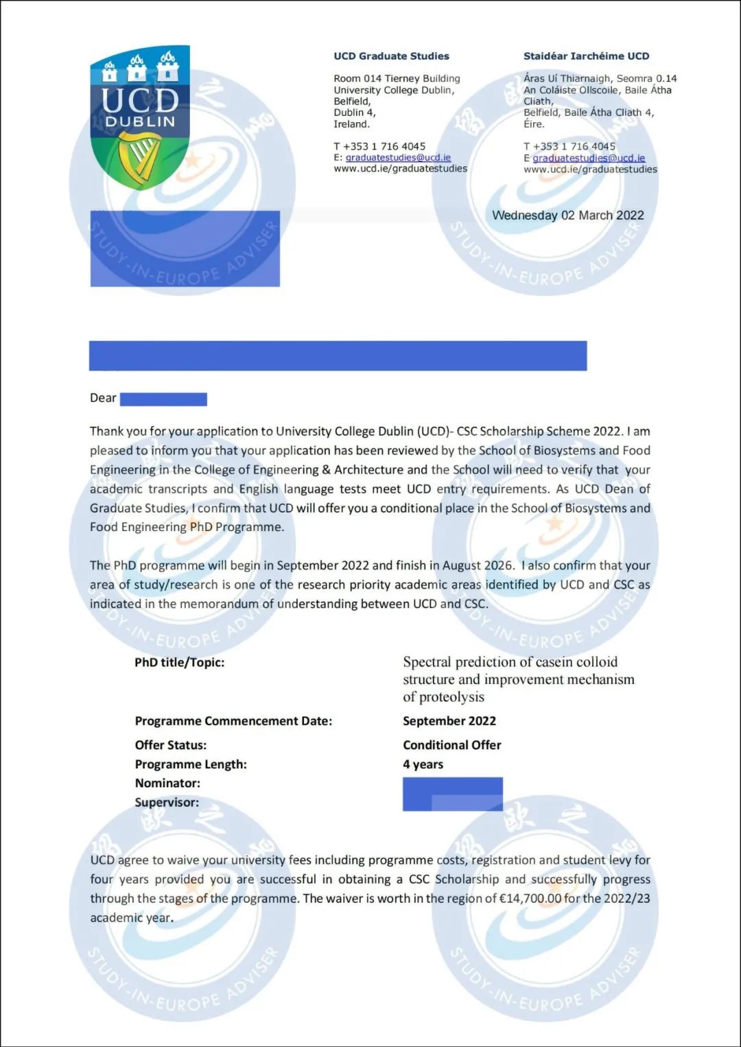 爱尔兰都柏林大学CSC奖学金成功案例 - 留欧之星